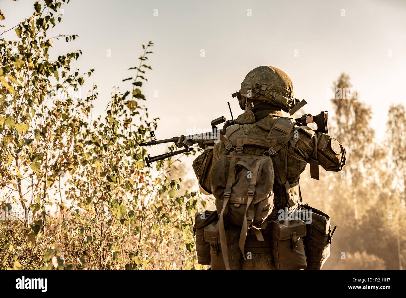 Sniper armed with large caliber, sniper rifle, shooting enemy targets ...