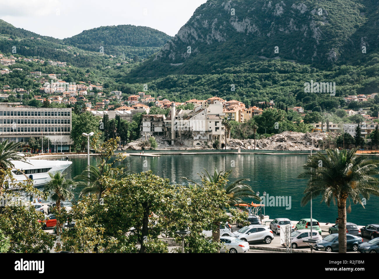 Beautiful view of the Adriatic Sea, mountains, buildings and ships in ...