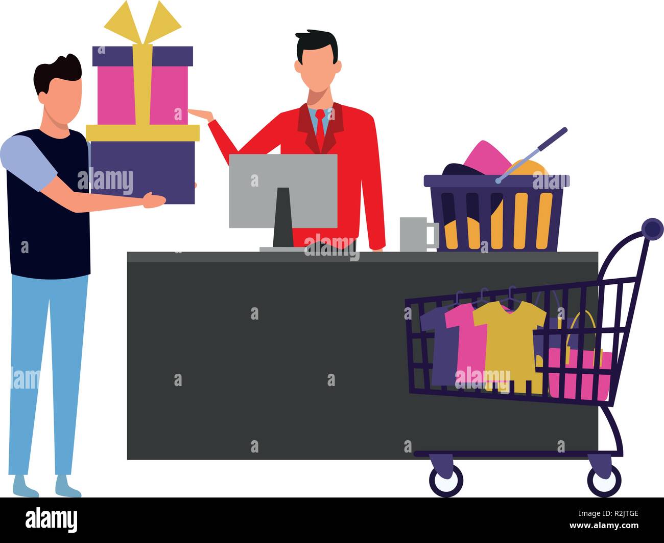 Man with gift boxes and shopping cart on cash register vector ...