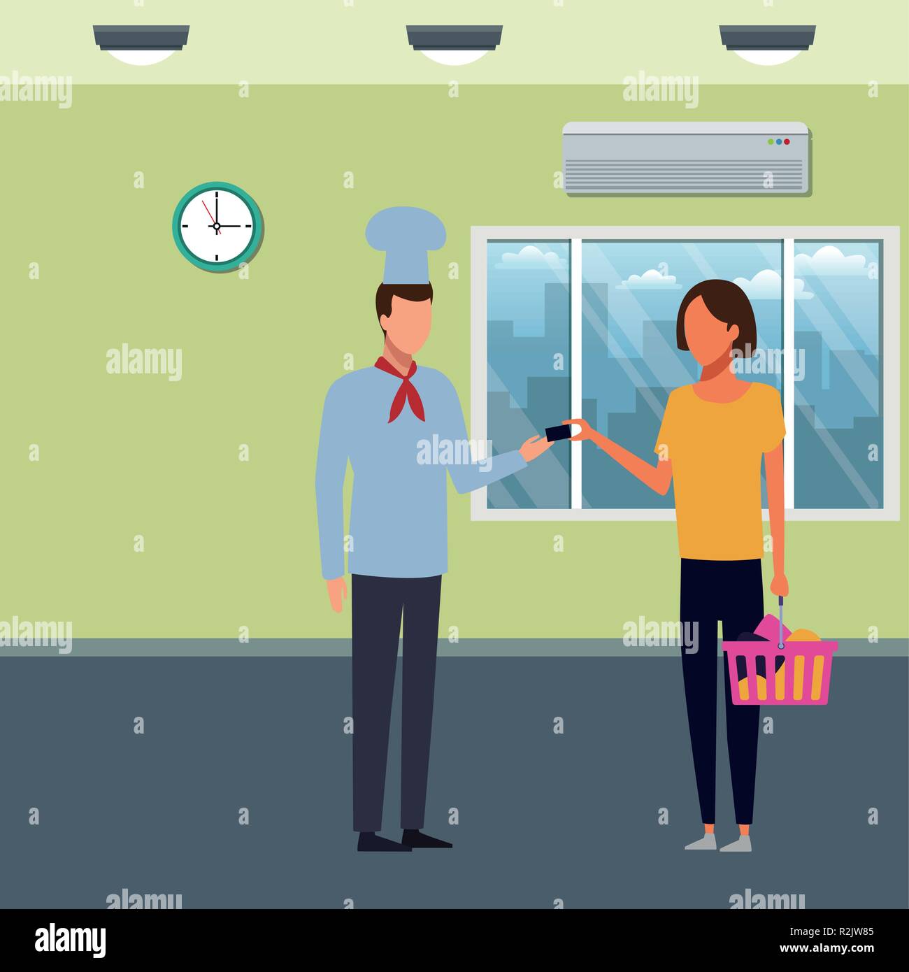 Chef advising woman shopper with basket inside supermarket building ...