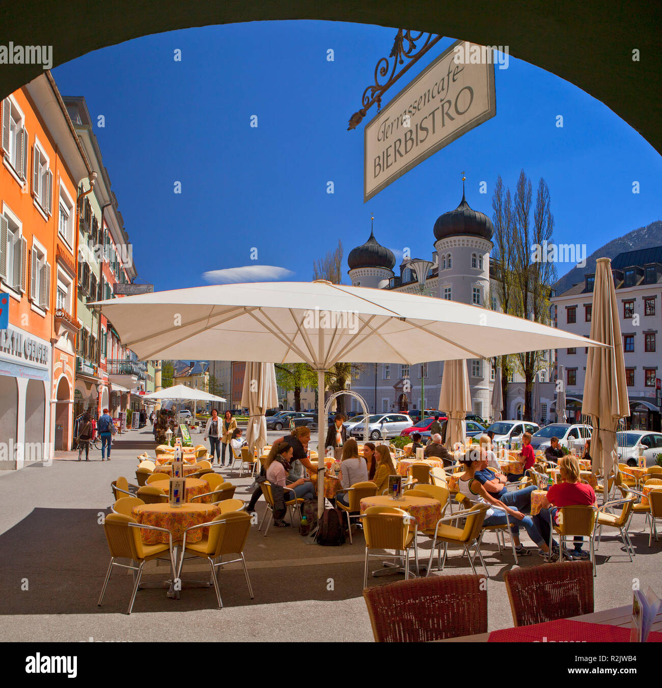 Austria, Tyrol, East Tyrol, Lienz, city center, sidewalk cafe Stock ...