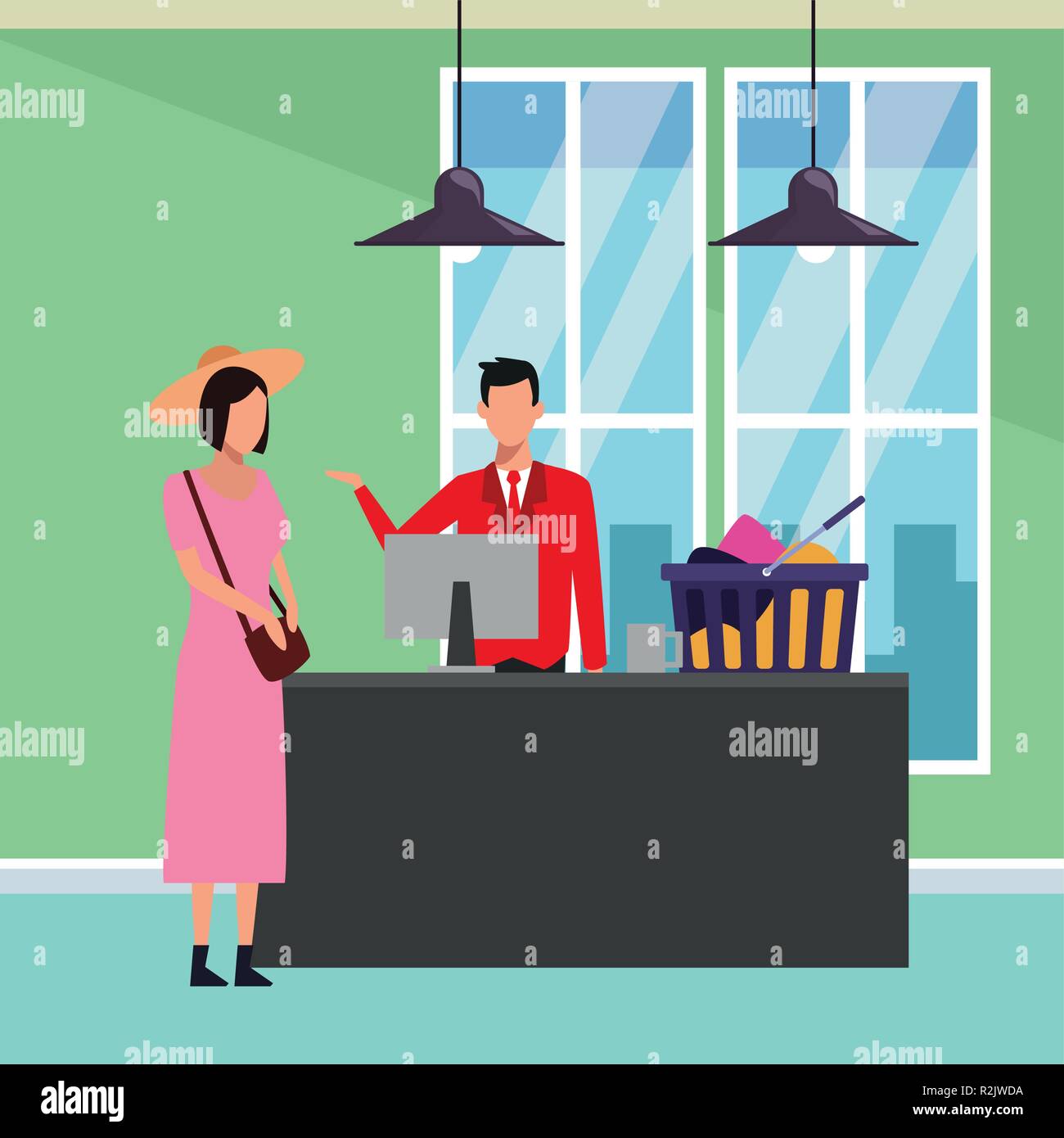 Woman buying supermarket products at cash register at store building ...