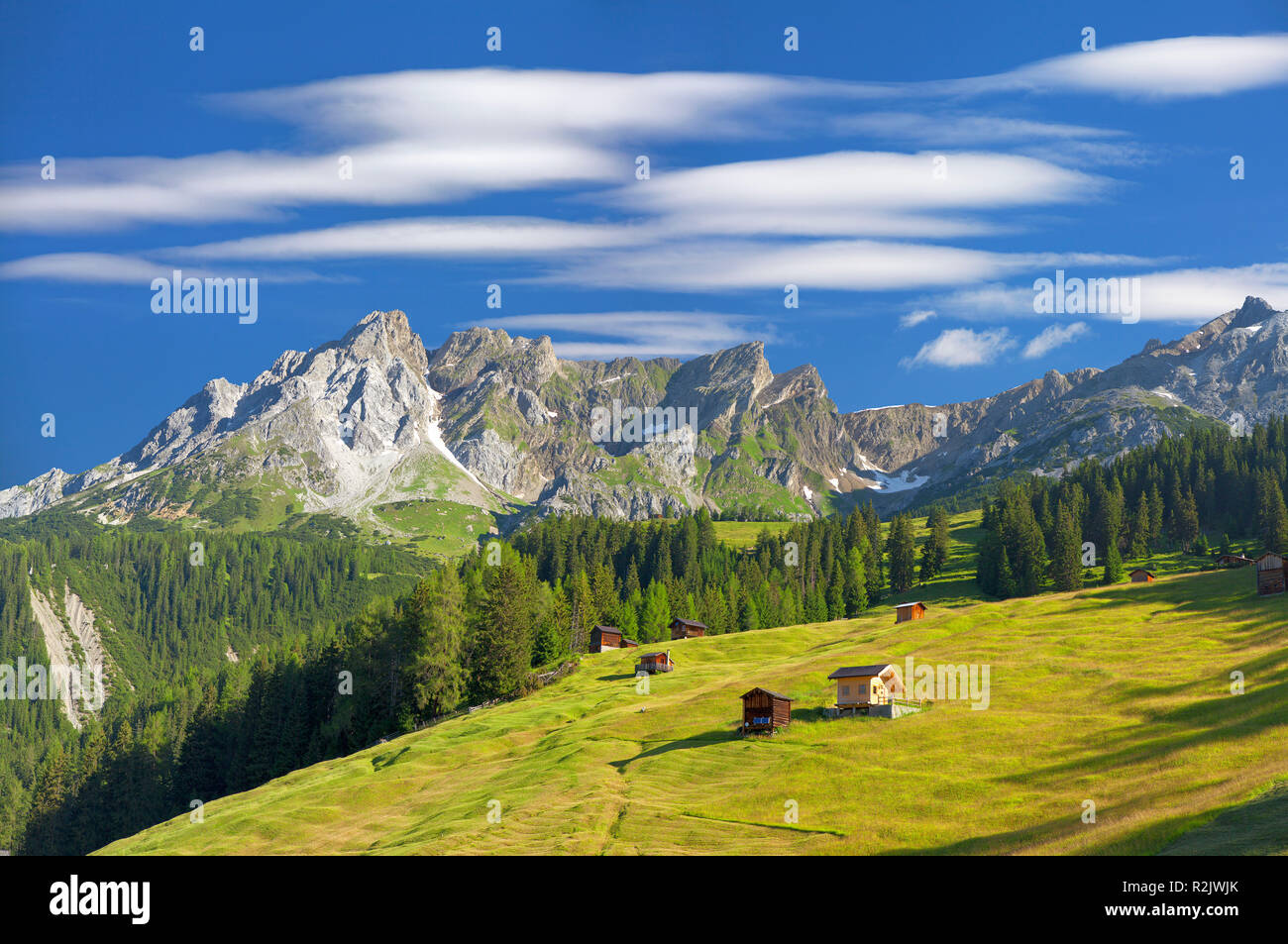 Austria, Tyrol, Arlberg, Dawinalm against Lechtal Alps Stock Photo - Alamy