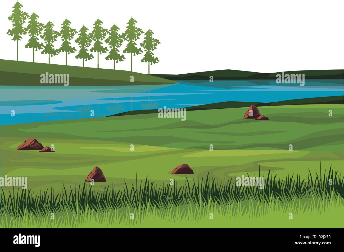 Beautiful landscape scenery with river vector illustration graphic ...