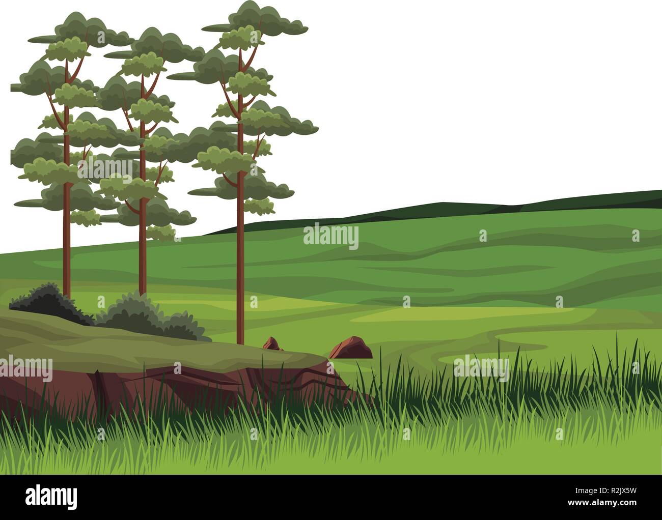 Beautiful landscape green scenery with trees vector illustration ...