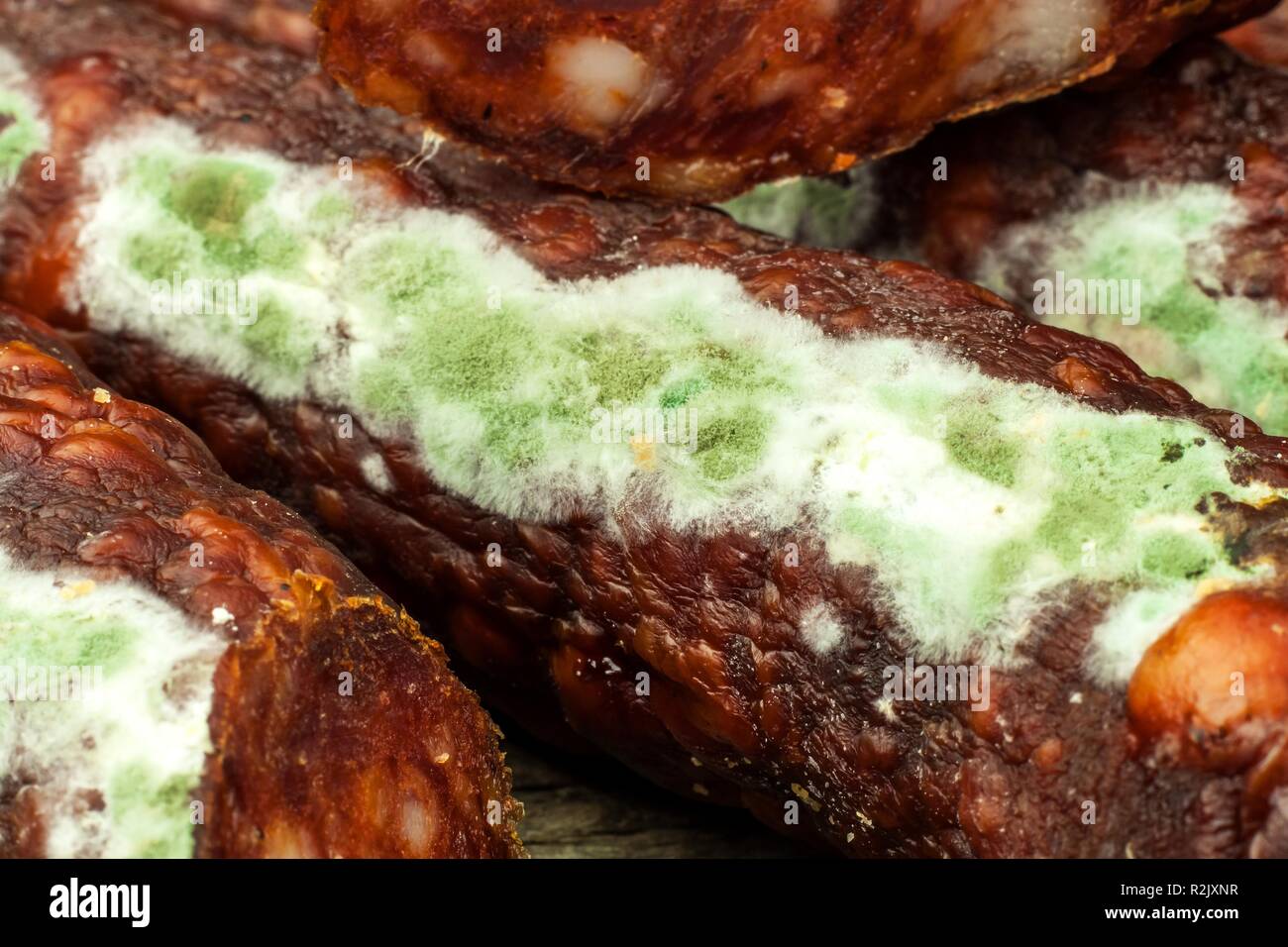 Unhealthy moldy food. Moldy sausage. Expiration date. Dangerous food ...