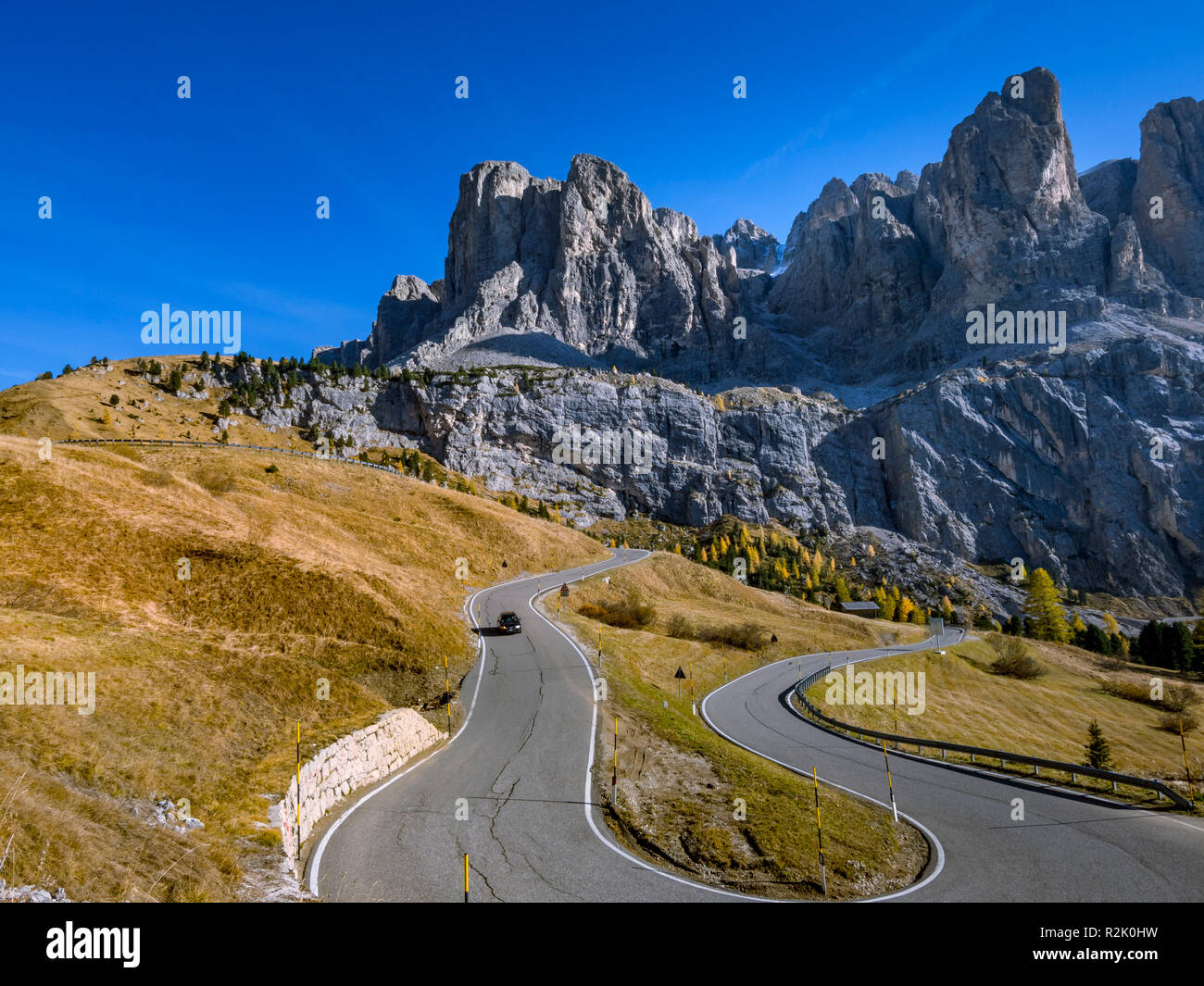 Pass road to the Gardena Pass, Sella group, Dolomites, South Tyrol ...