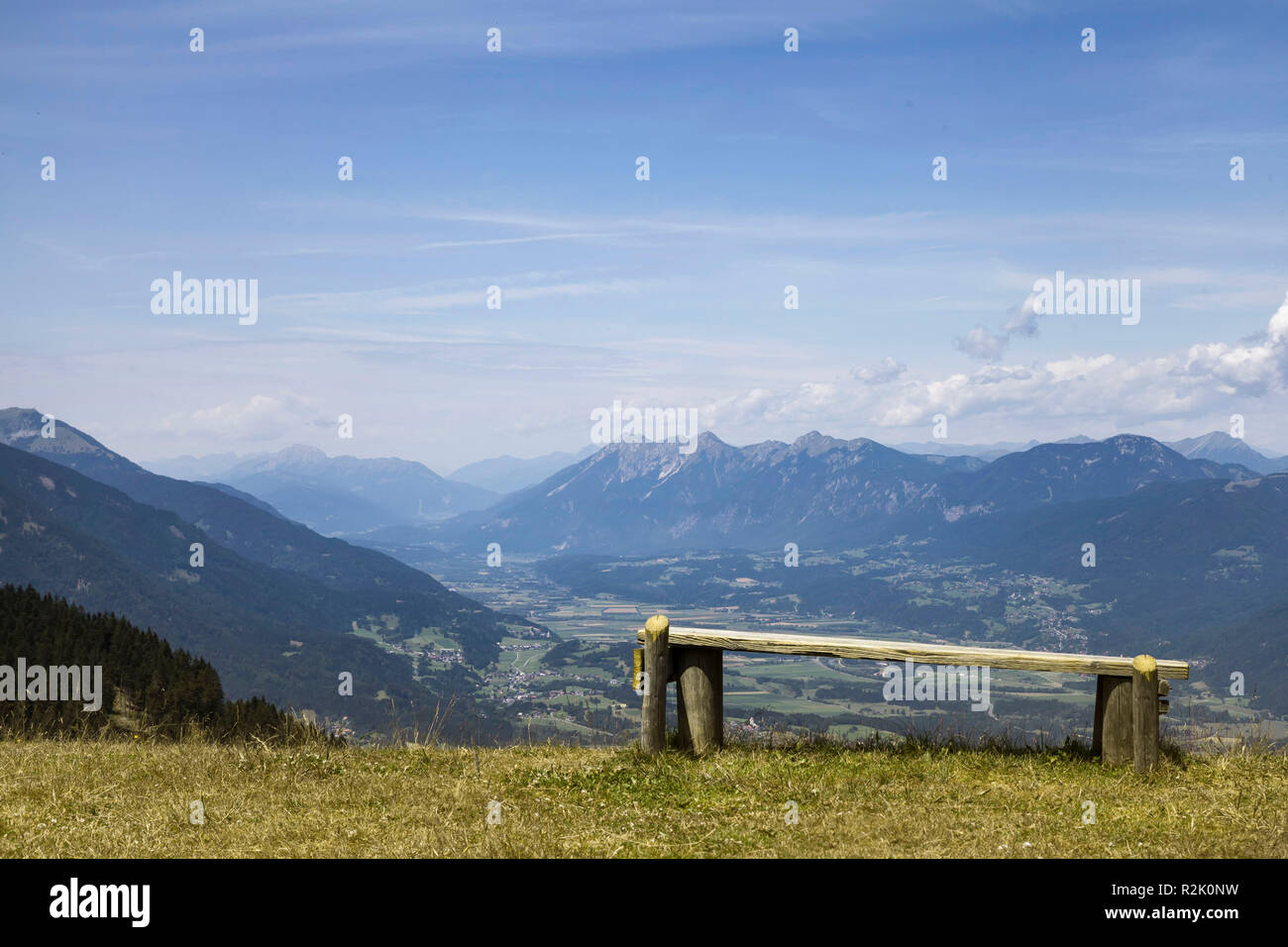 Bench, lookout point, view of landscape in Carinthia Stock Photo - Alamy