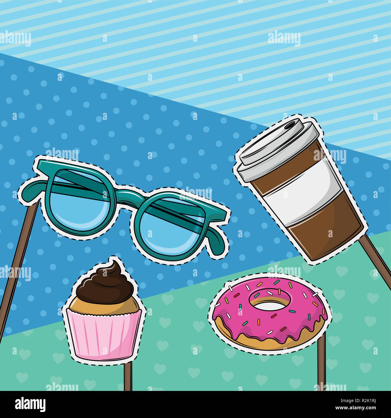 Booth prop party and fashion elements over dotted and striped blue ...