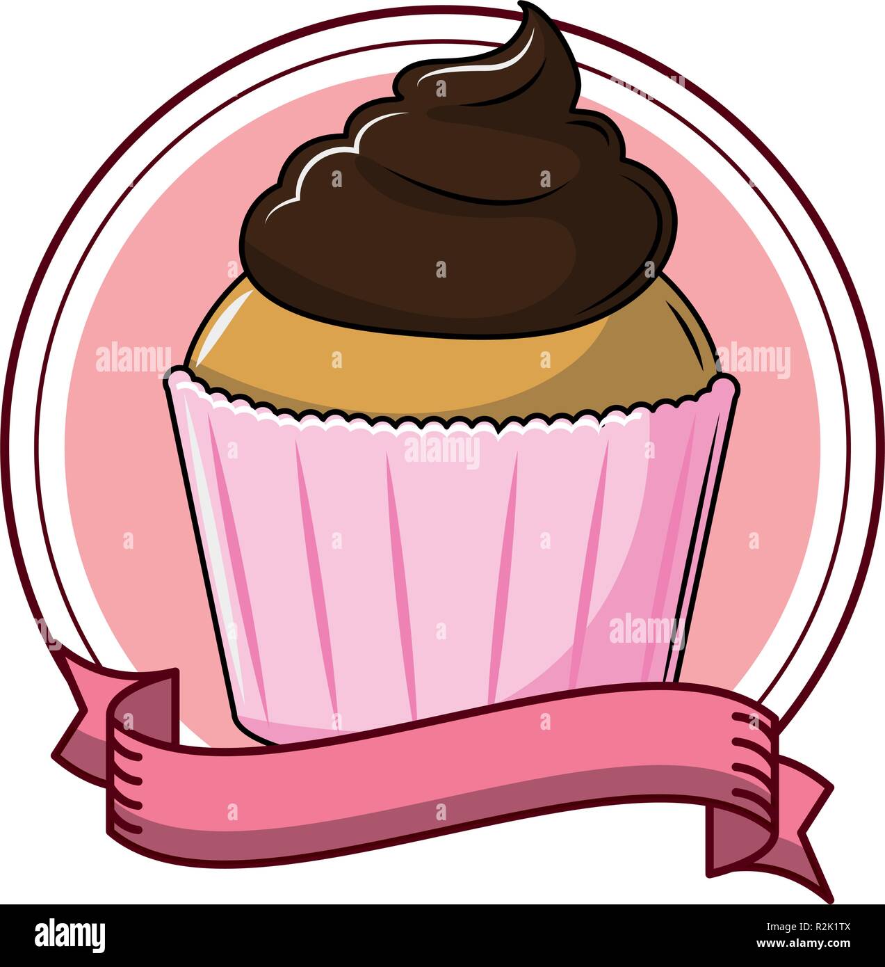 Delicious cupcake dessert round emblem with blank ribbon banner vector ...