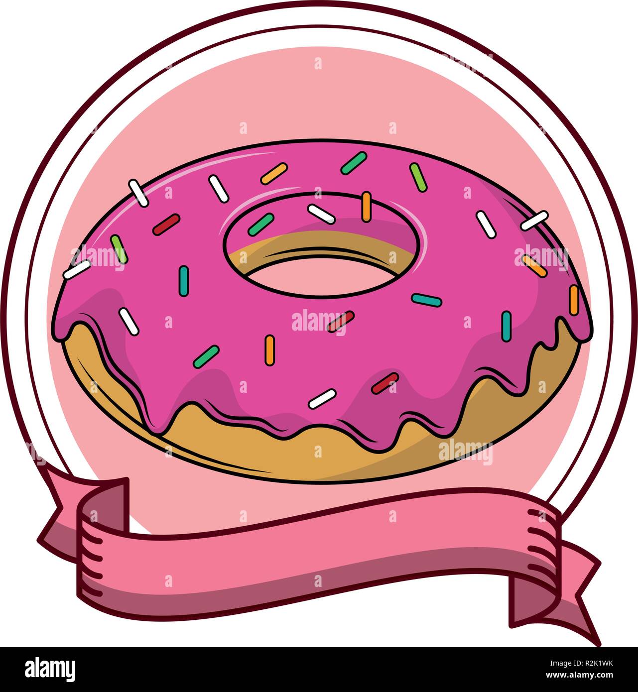 Donut dessert cartoons round emblem with blank ribbon banner vector ...