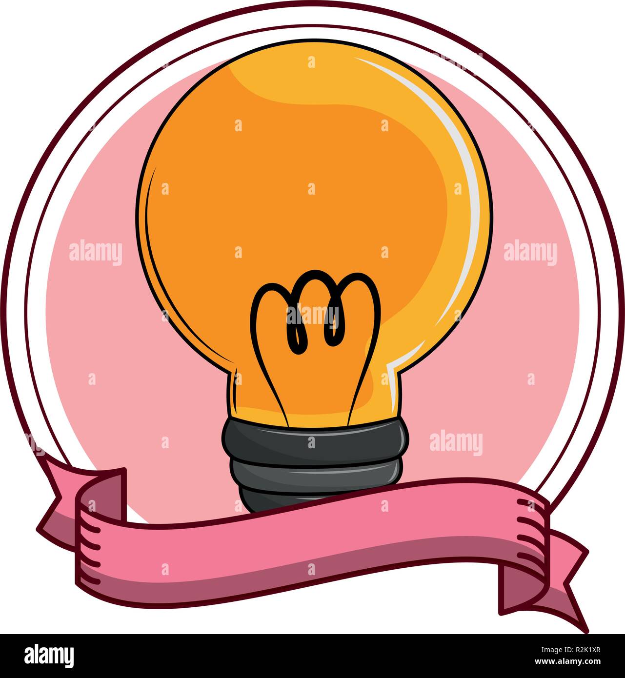 Bulb light cartoon round emblem with blank ribbon banner vector ...