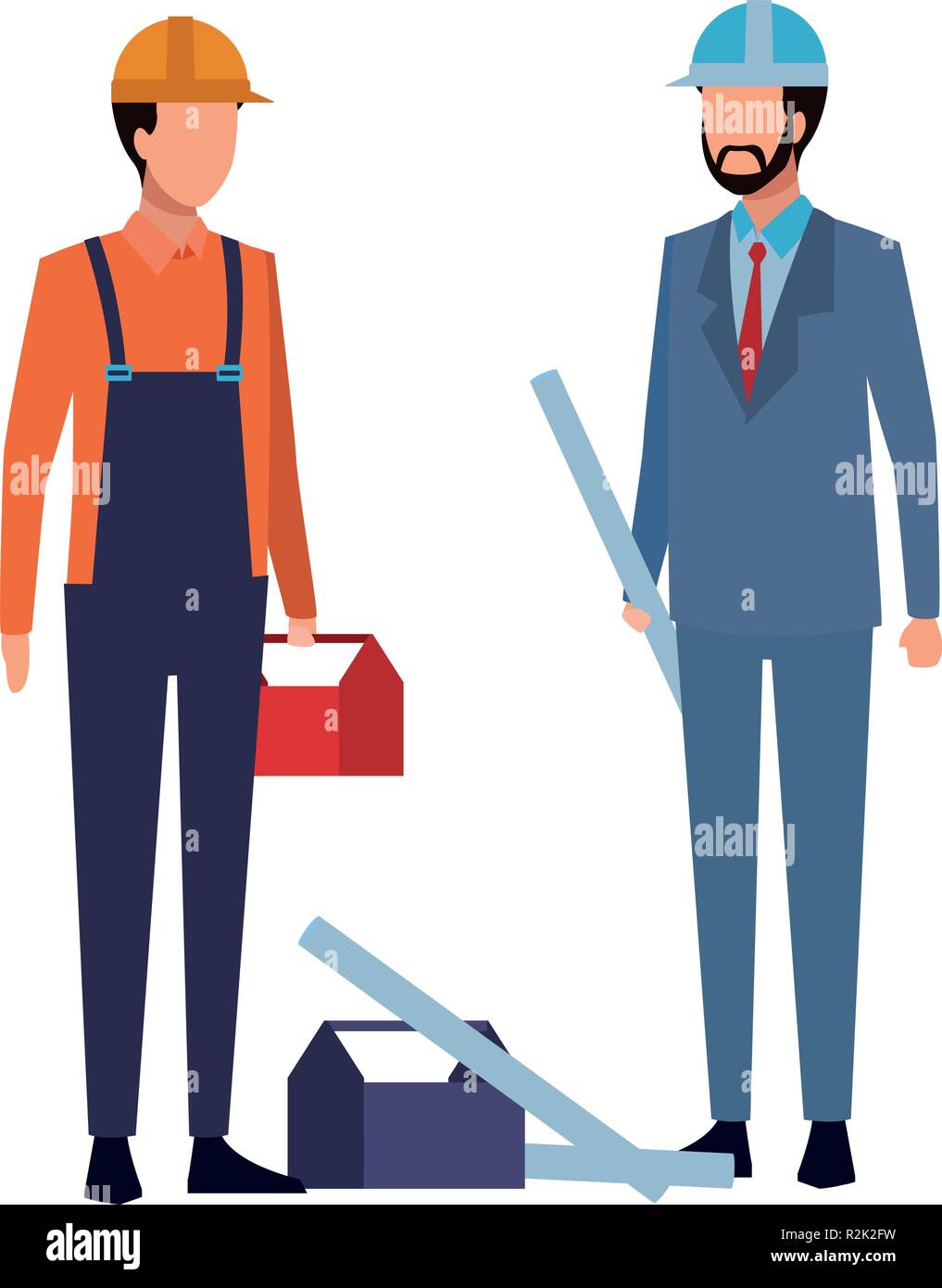Worker and engineer with plans and toolbox vector illustration graphic ...