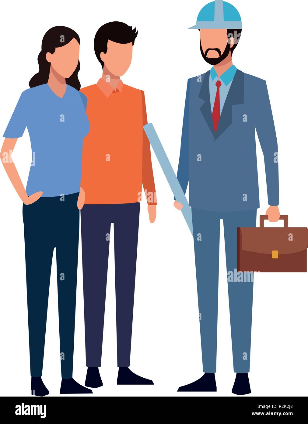 Architect with briefcase and plans talking with people vector ...