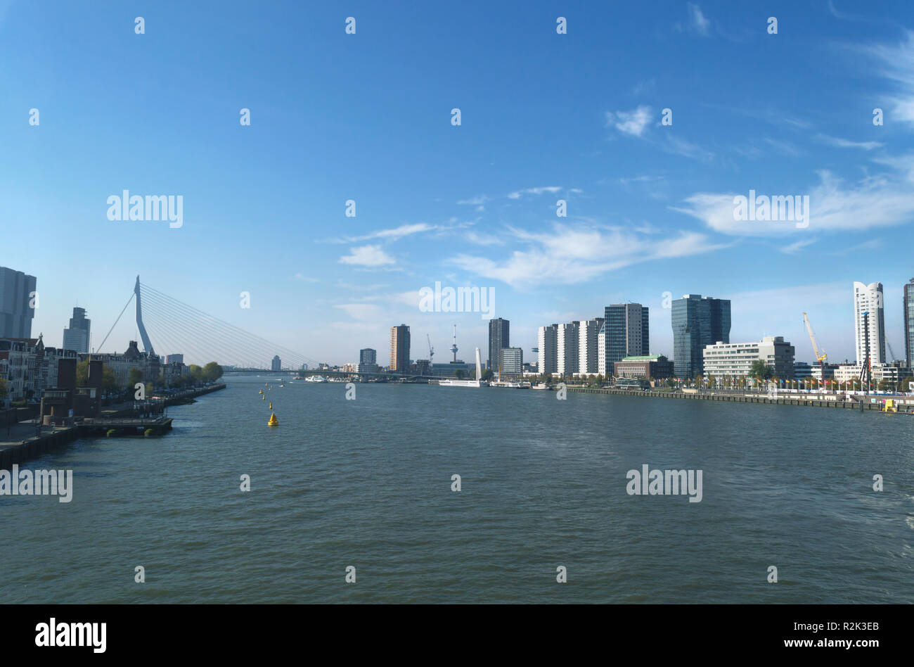 view on river in Rotterdam with modern cityscape and bridge across it ...
