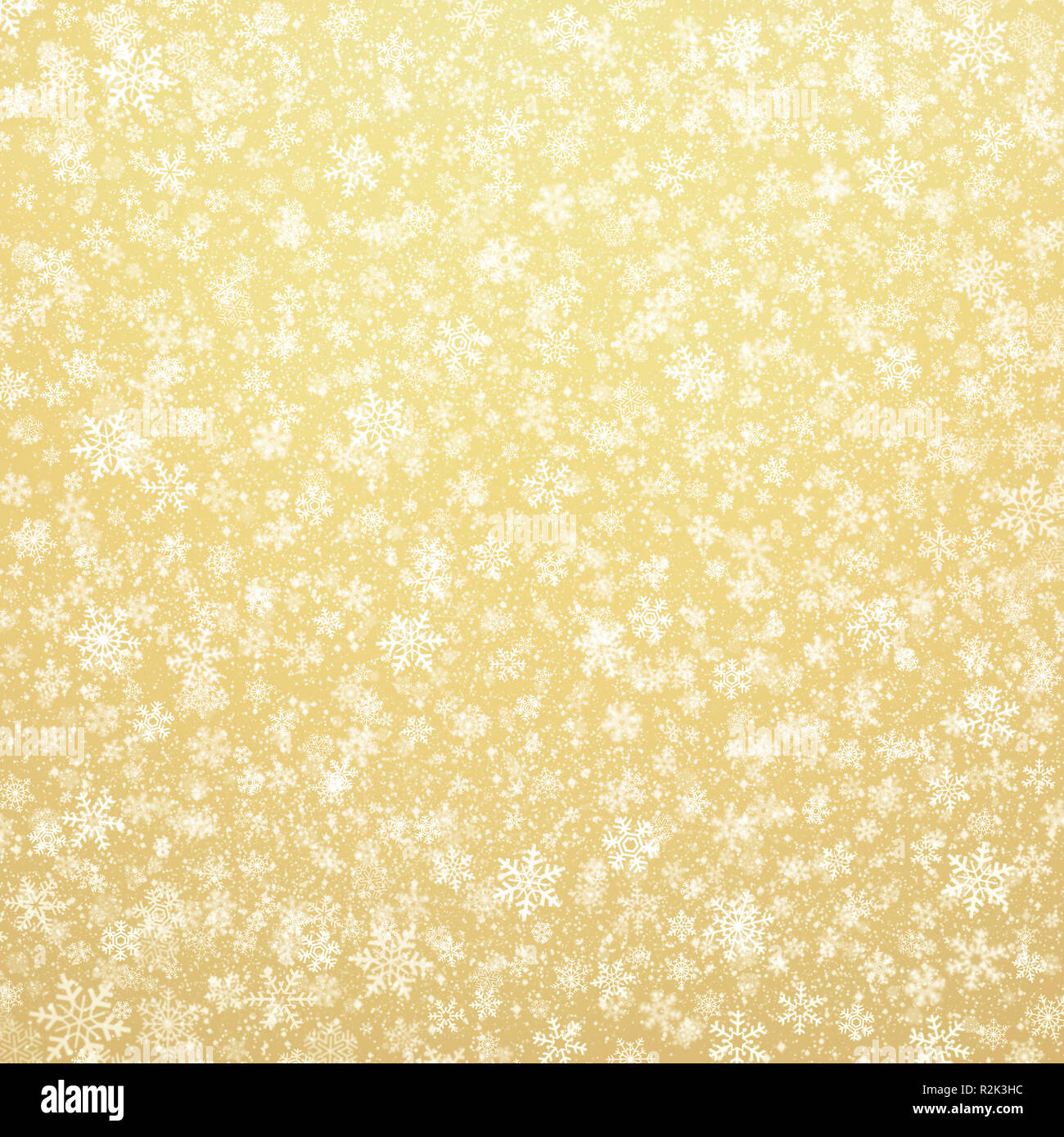 White snowflakes shapes and falling snow on a gold background ...