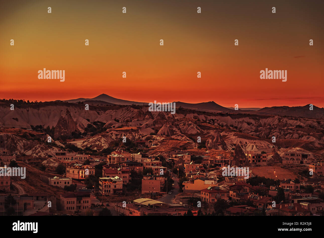 Illuminated at night streets of Goreme, Turkey, Cappadocia. The famous ...