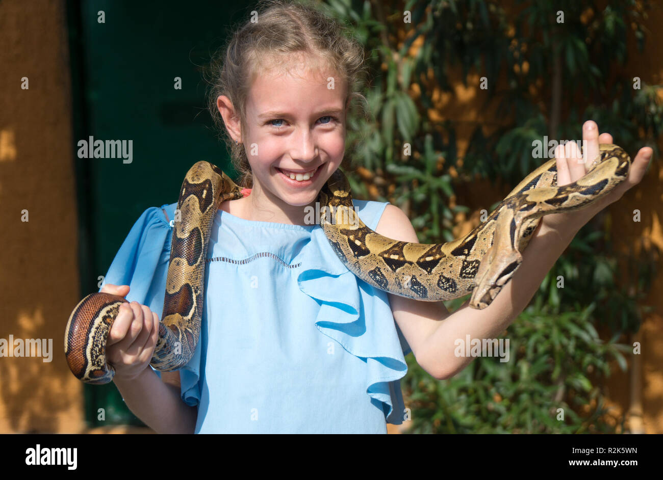 Cute little girl holding snake in her hands Stock Photo - Alamy