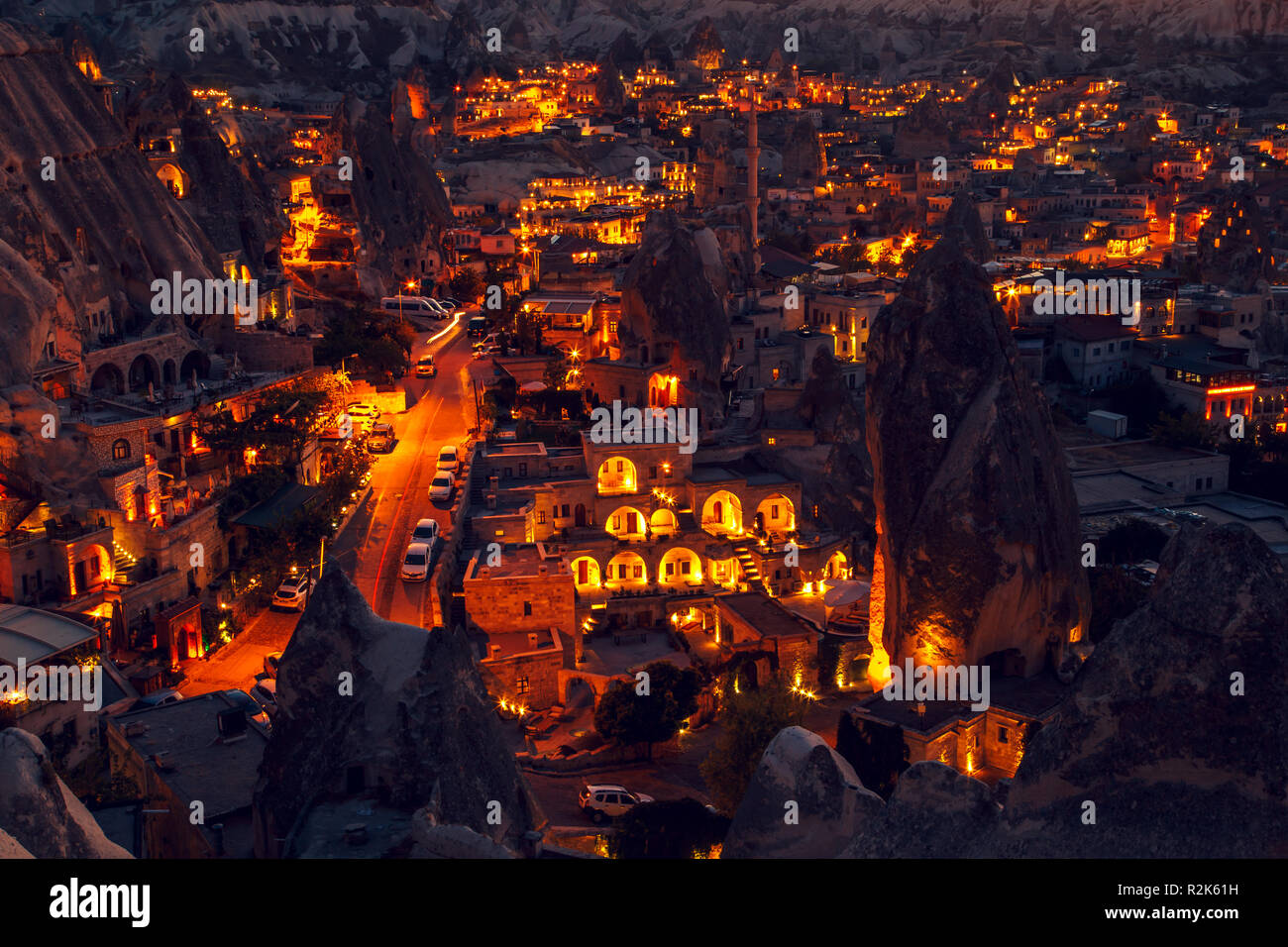 Illuminated at night streets of Goreme, Turkey, Cappadocia. The famous ...