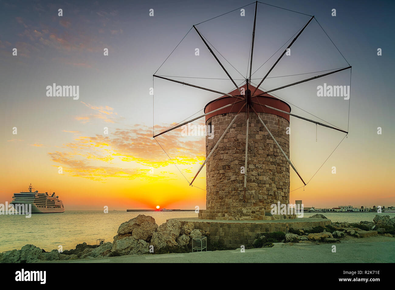 A long exposure photograph of one of the windmills at Rhodes town on ...