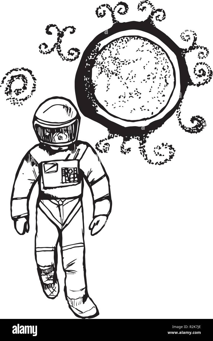 Black and white illustration of astronaut and moon Stock Vector Image ...
