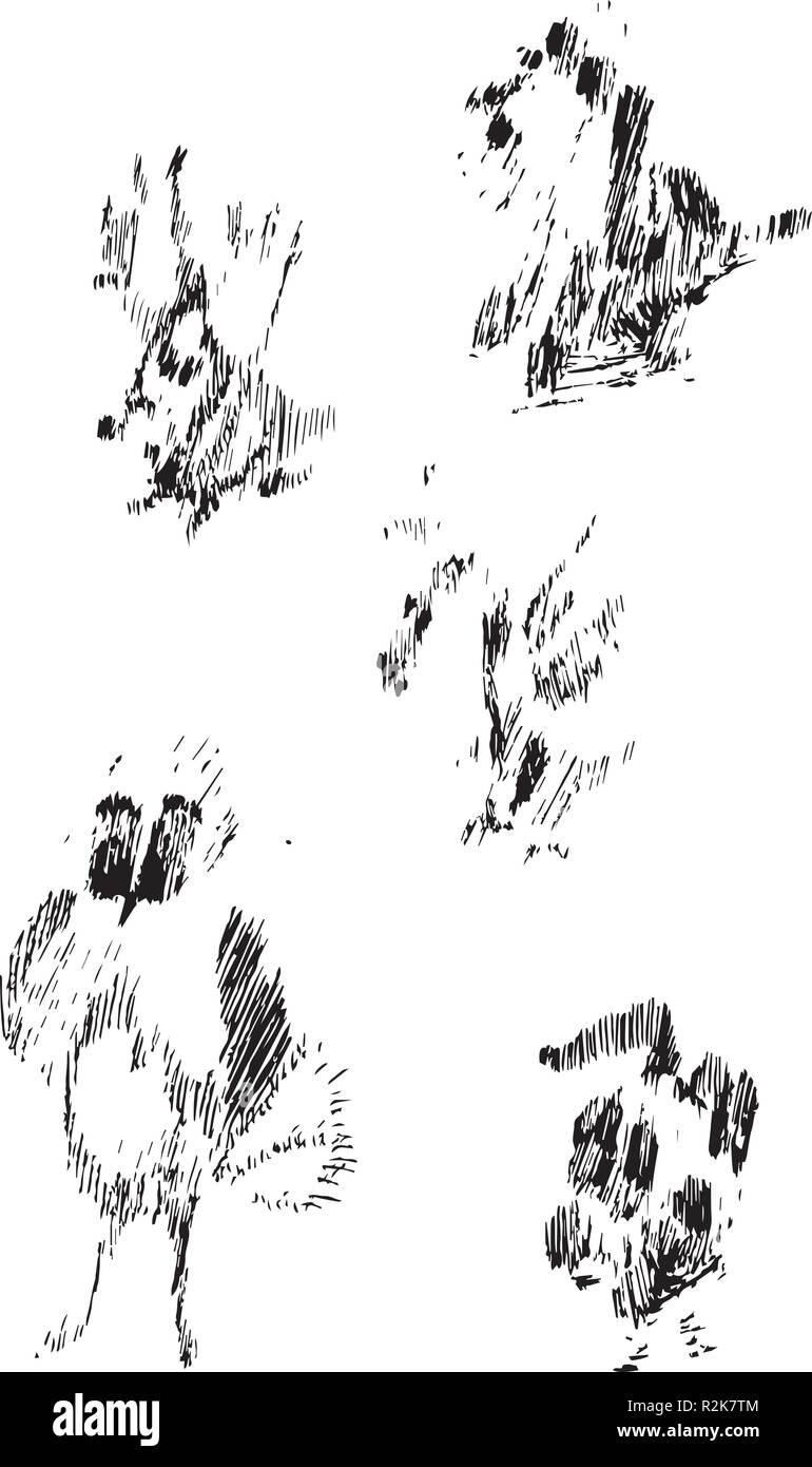 Illustration of a collection of animated animals in hatching style ...