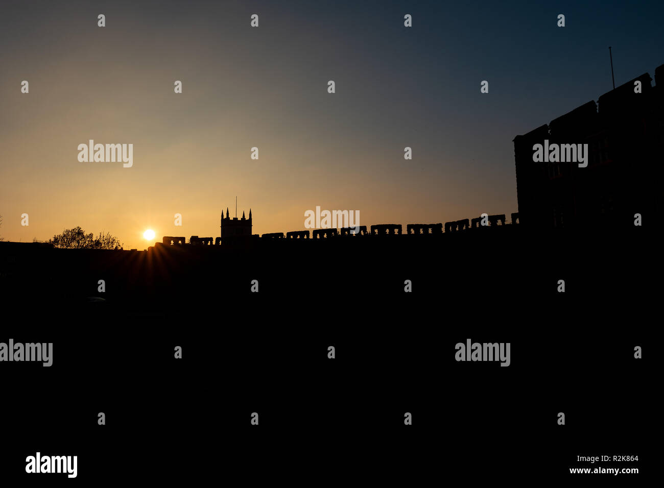 Sunset over Castle Walls, Battlements, Shrewsbury Castle Stock Photo ...