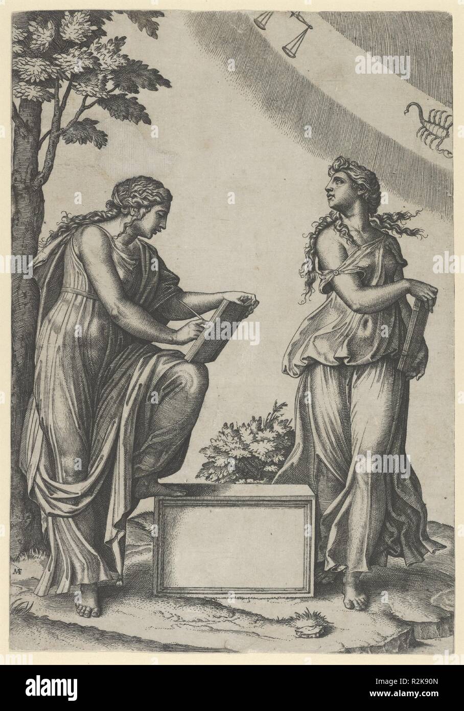 Two women of the zodiac standing beneath the signs of Libra and Scorpio ...