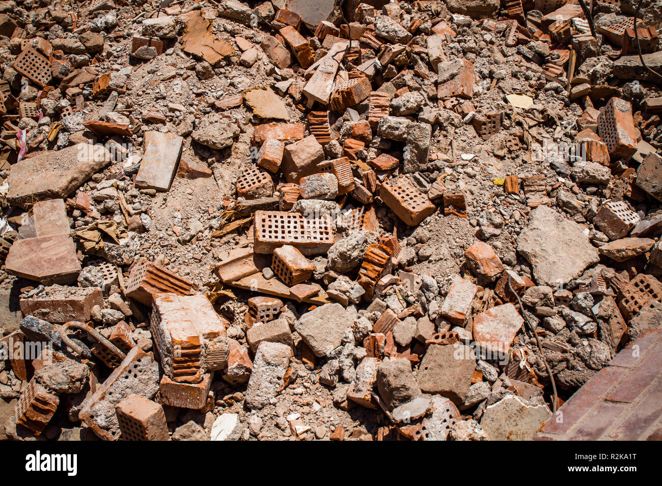 Rubble from the demolition of an old building under urban renewal ...