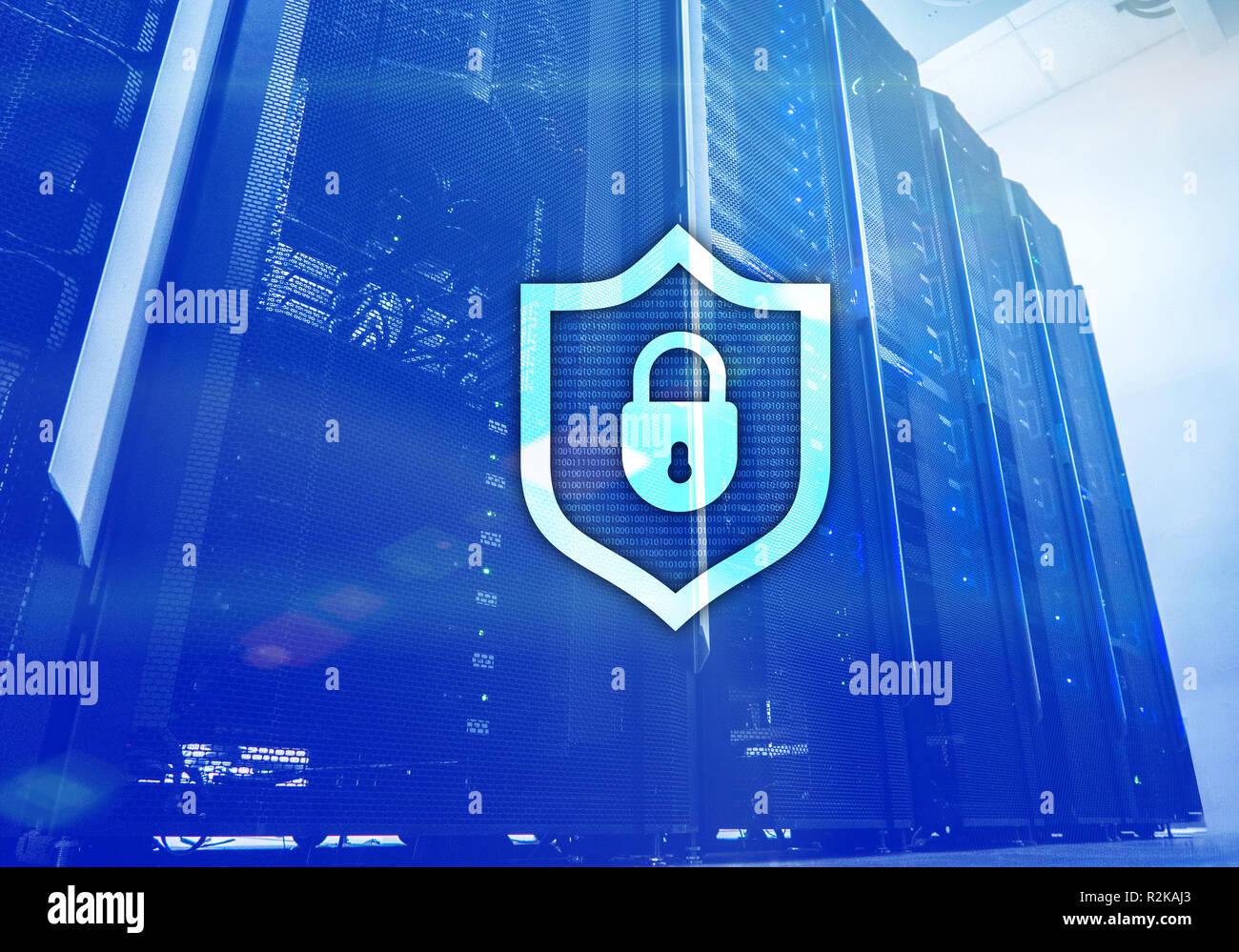 Cyber protection shield icon on server room background. Information ...