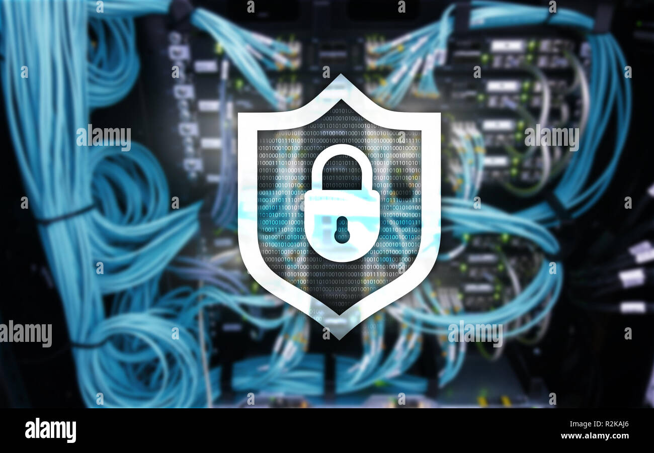 Cyber protection shield icon on server room background. Information ...