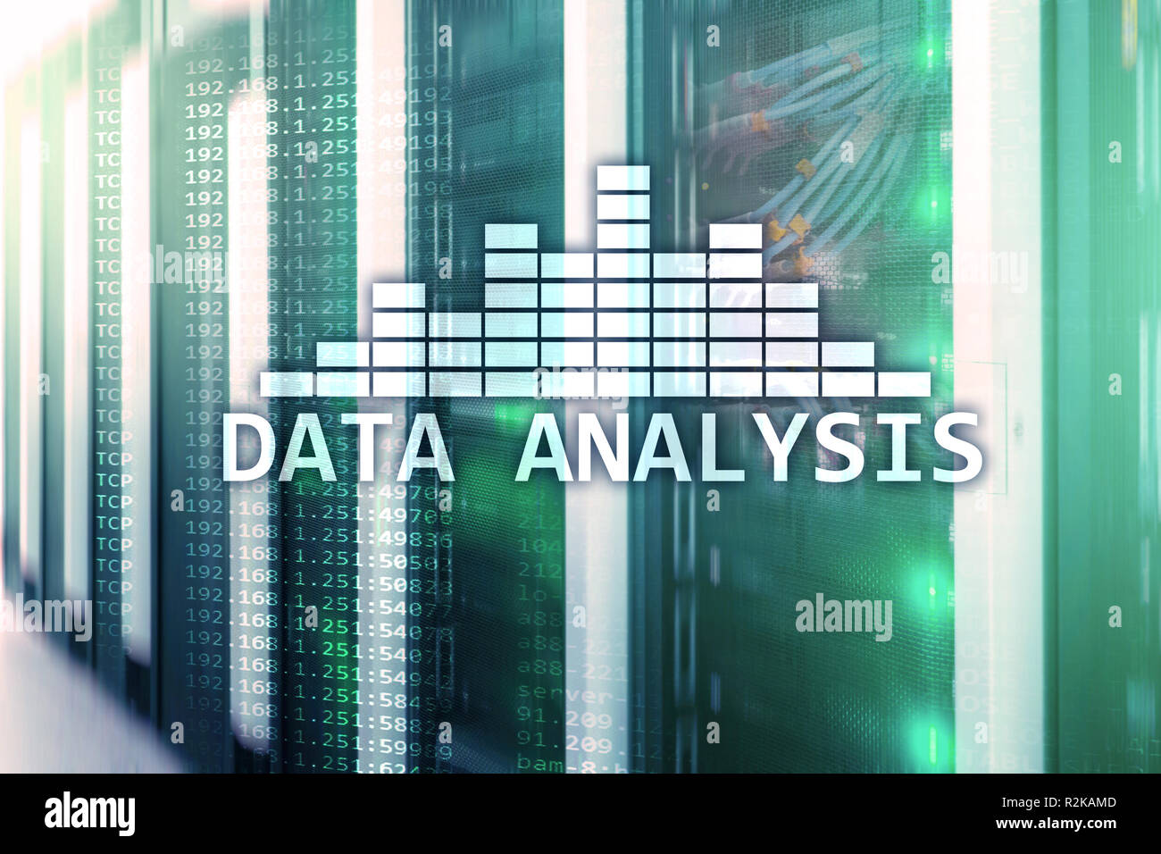 Big Data analysis text on server room background. Internet and modern ...