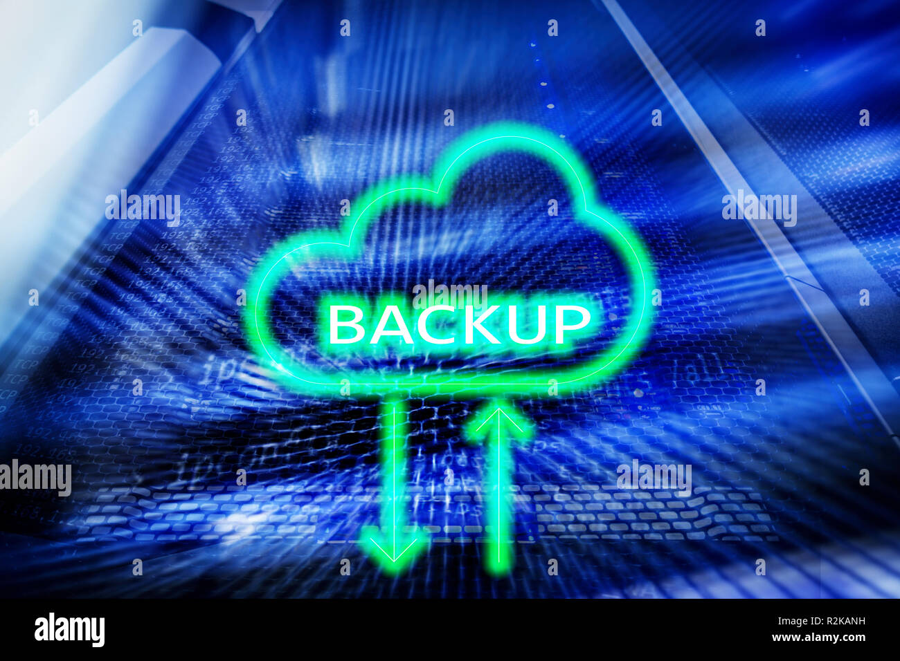 Backup button on modern server room background. Data loss prevention ...