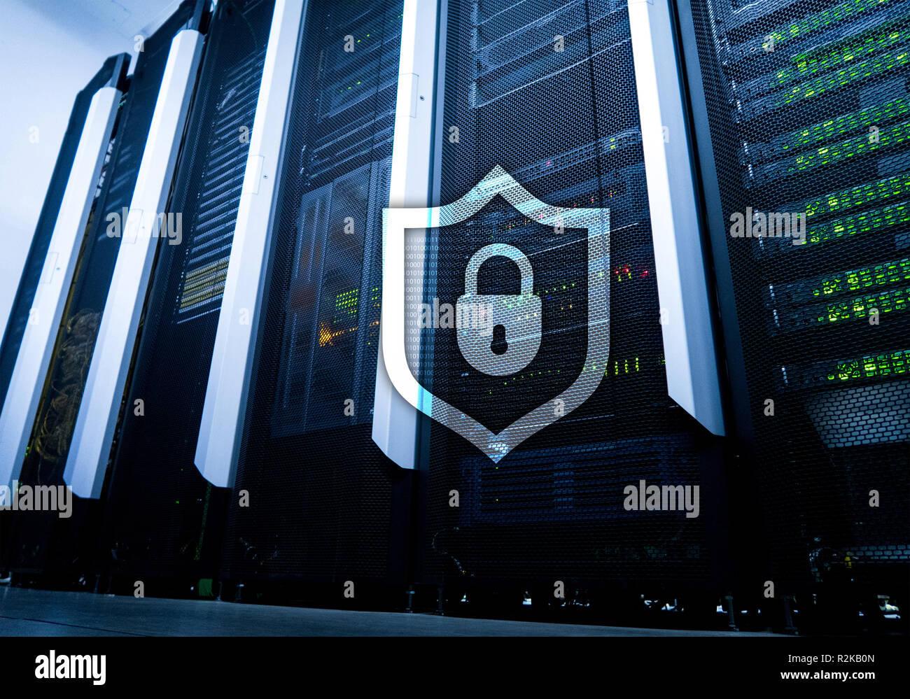 Cyber protection shield icon on server room background. Information ...