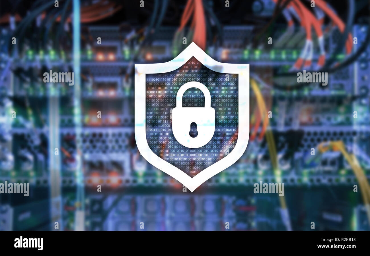 Cyber protection shield icon on server room background. Information ...