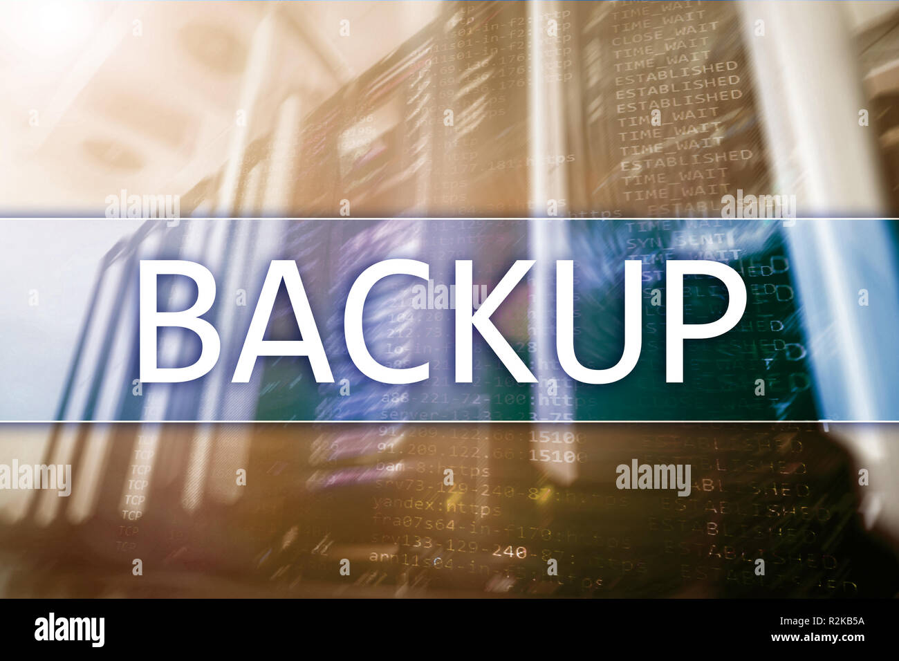 Backup button on modern server room background. Data loss prevention ...