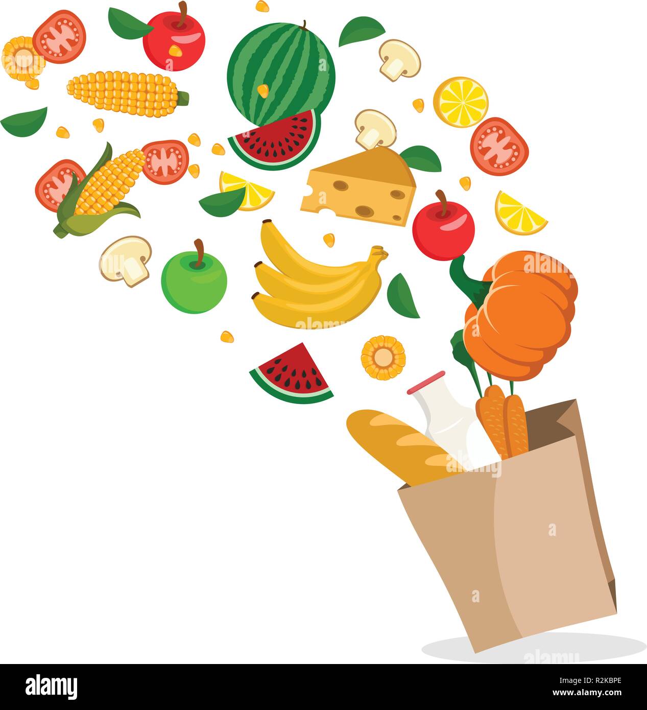 Fresh vegetables, fruits and healthy foods are flying in the package on ...