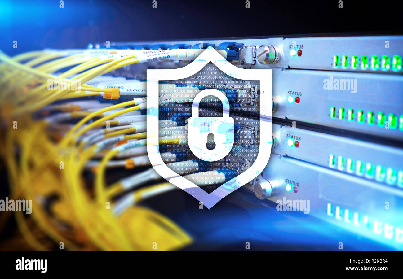 Cyber protection shield icon on server room background. Information ...