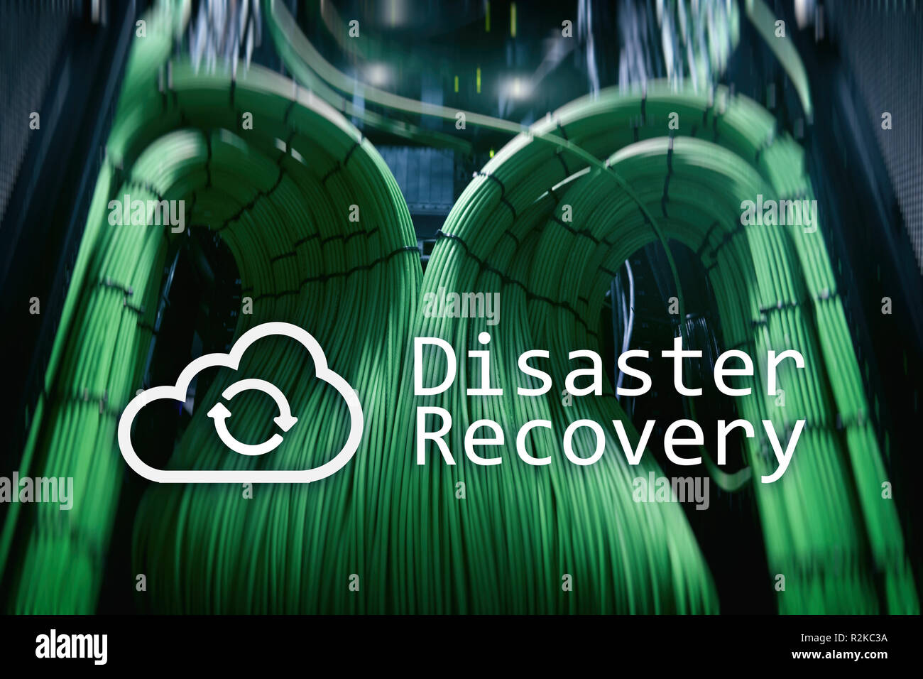 DIsaster recovery. Data loss prevention. Server room on background ...