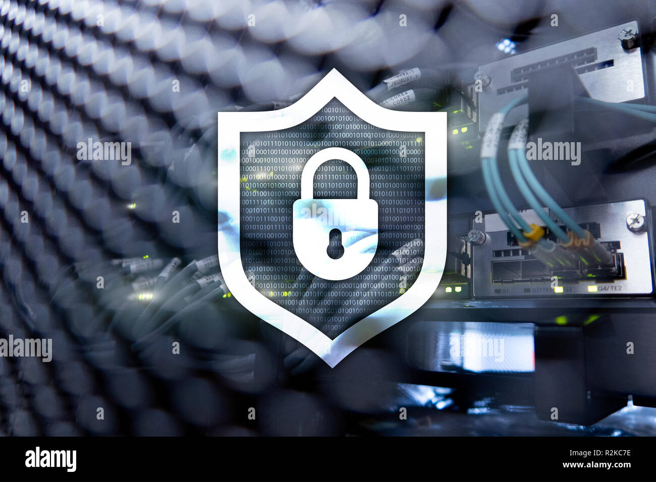 Cyber protection shield icon on server room background. Information ...