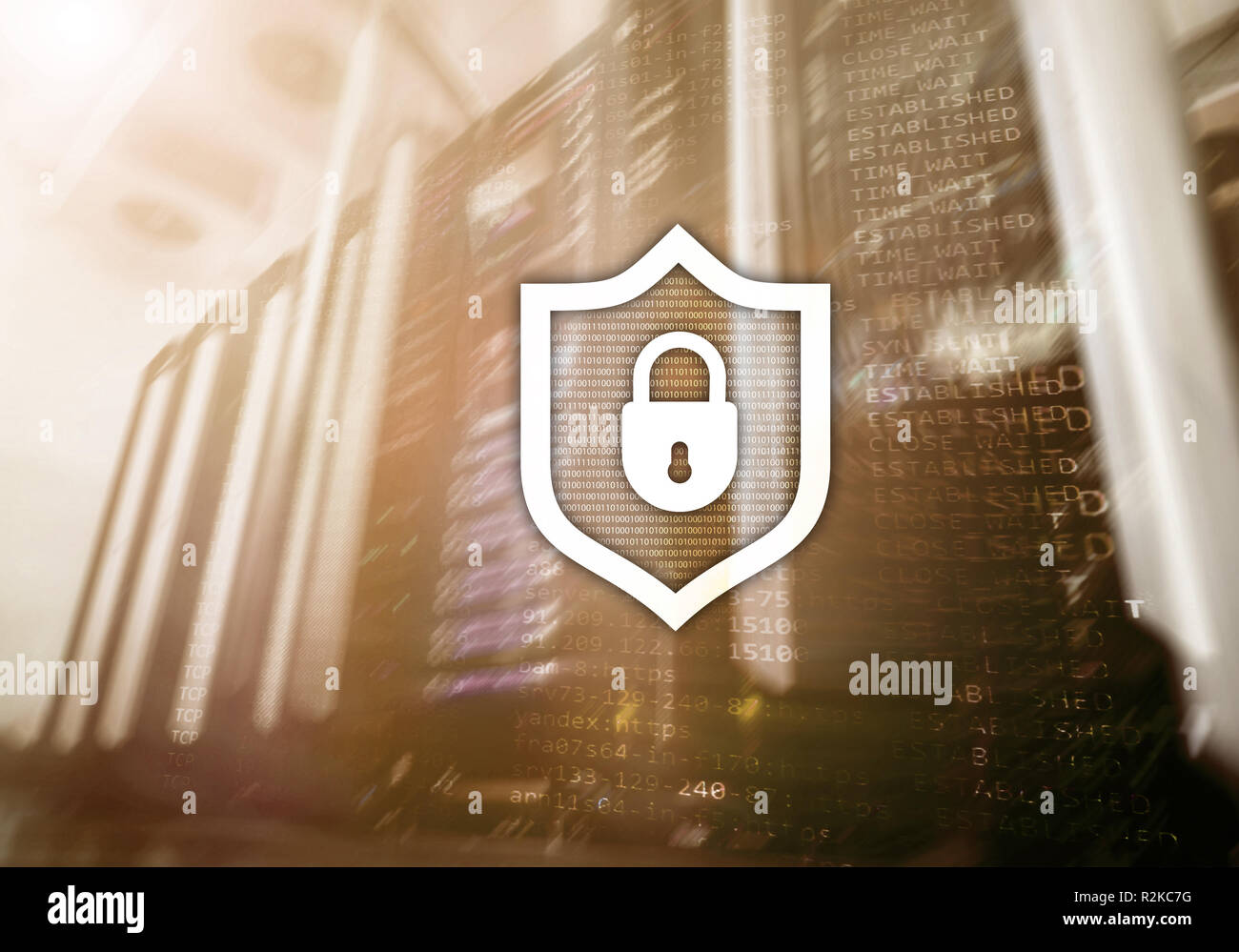 Cyber protection shield icon on server room background. Information ...