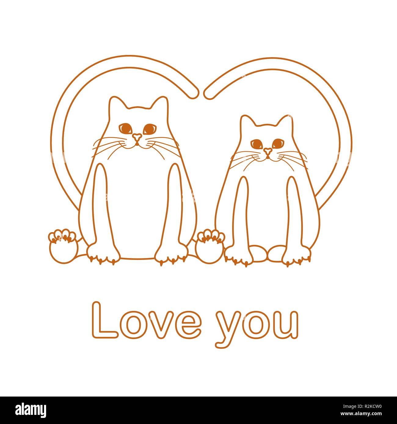 Vector illustration of two cats with heart shaped tails. Love, romantic ...