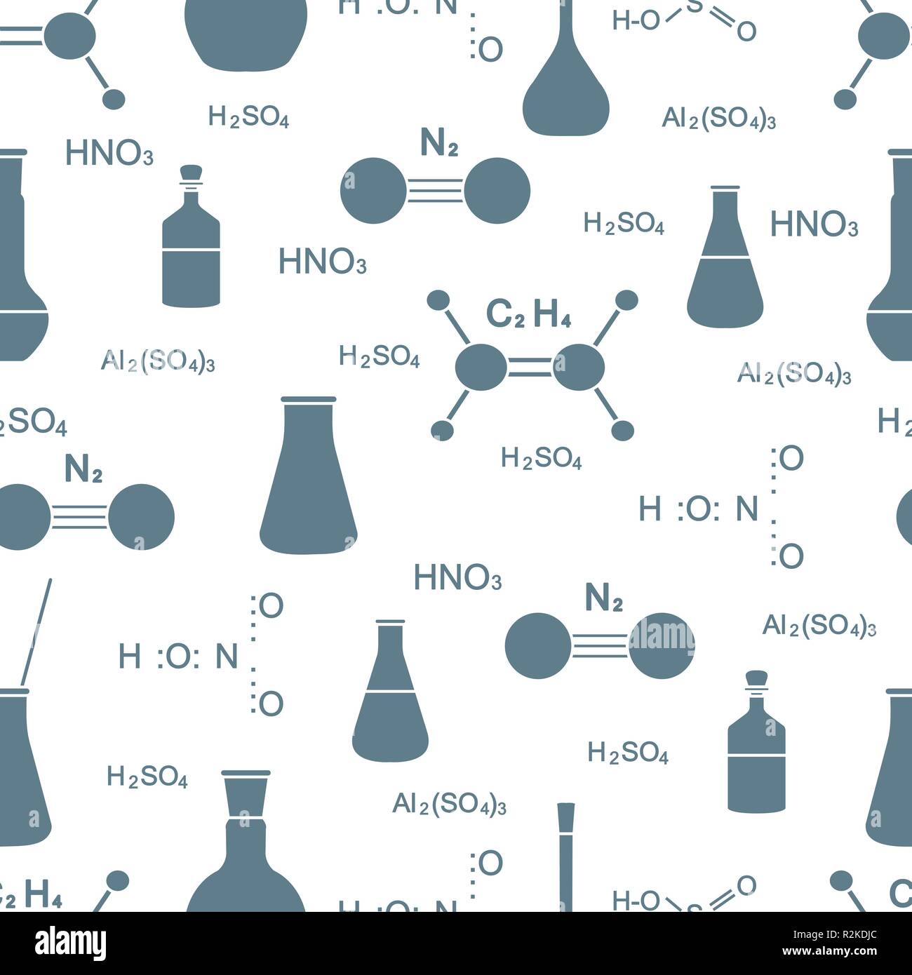Scientific vector seamless pattern with flasks, beakers, molecule ...