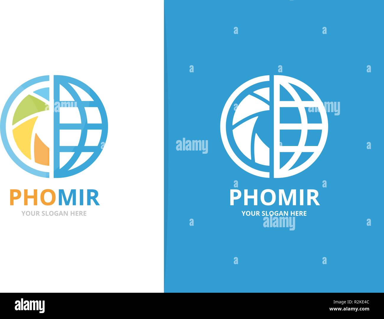 Vector camera shutter and planet logo combination. Lens and world ...