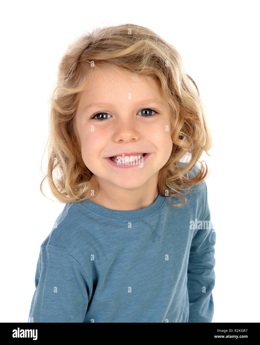 Happy blond child with long hair isolated on a white background Stock ...