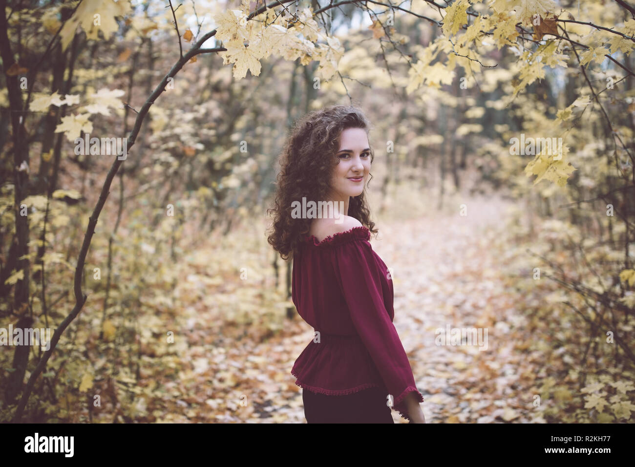 Beautiful girl with curly dark hair in a marron top in an autumn park ...