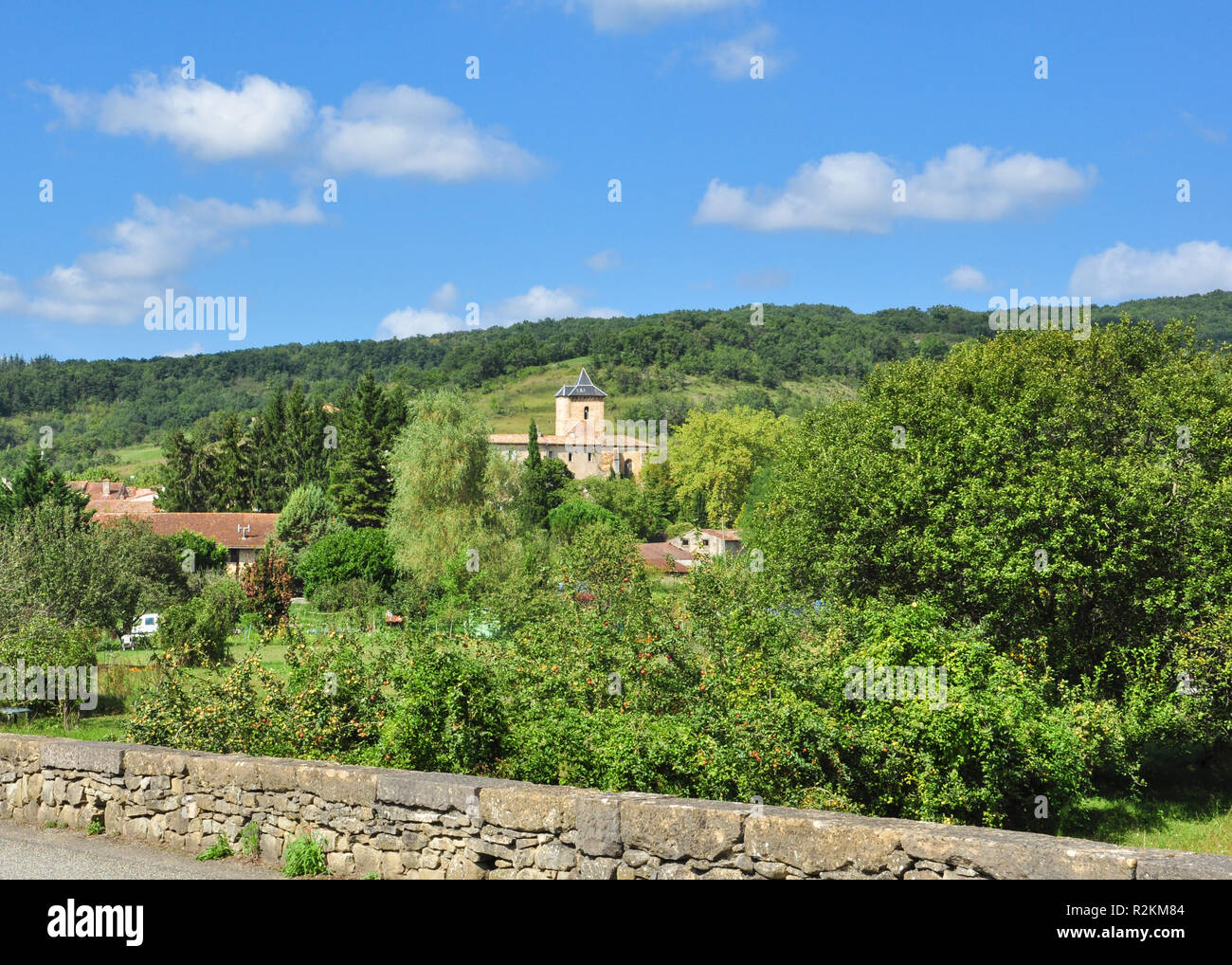 Woodland and the Chateau de Camon in the rural village of Camon, Ariege ...