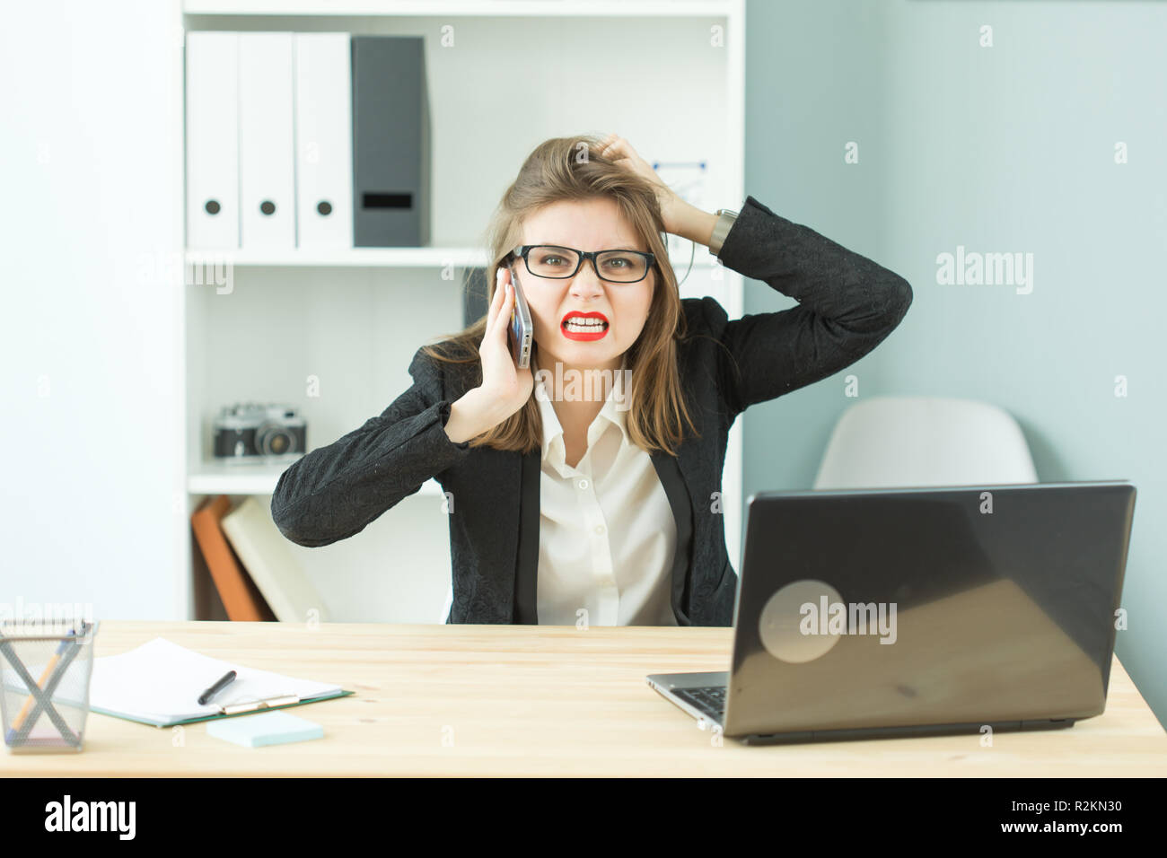 Stress, office, hysteric, people concept - aggressive woman with a lot ...