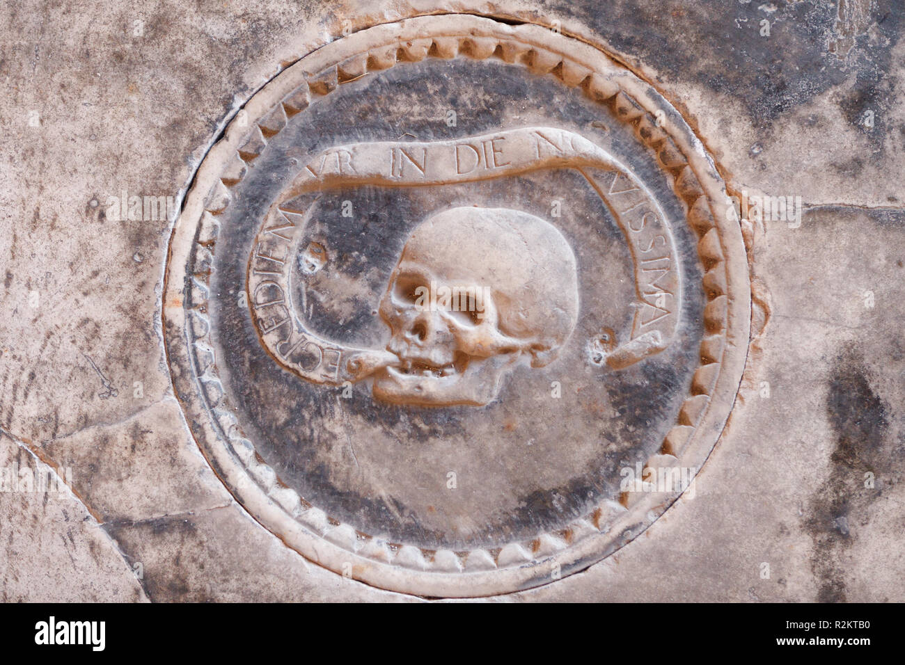 Skull bas-relief on a gravestone in interior hallway of Campo Santo ...