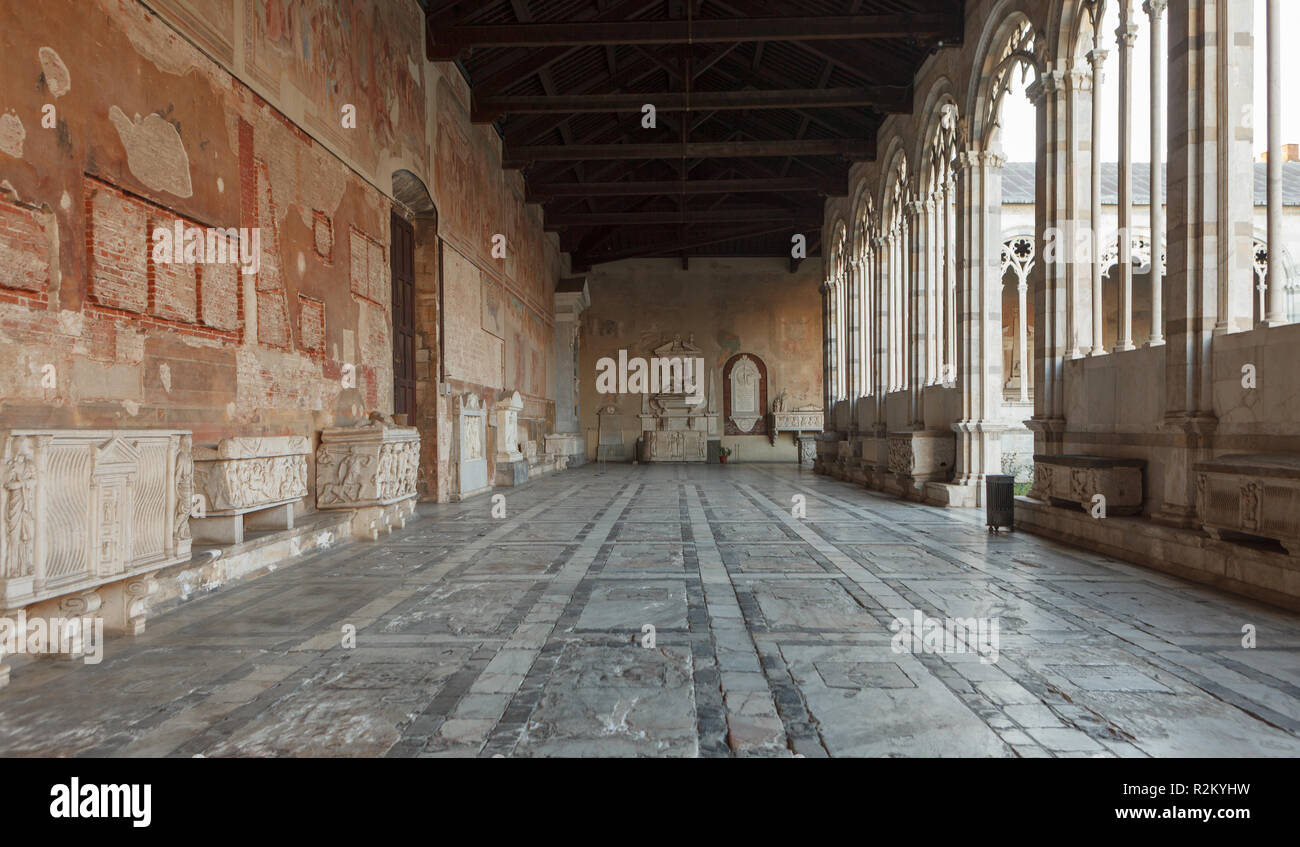 Inner hallway of Campo Santo, monumental cemetery in Pisa, Italy Stock ...